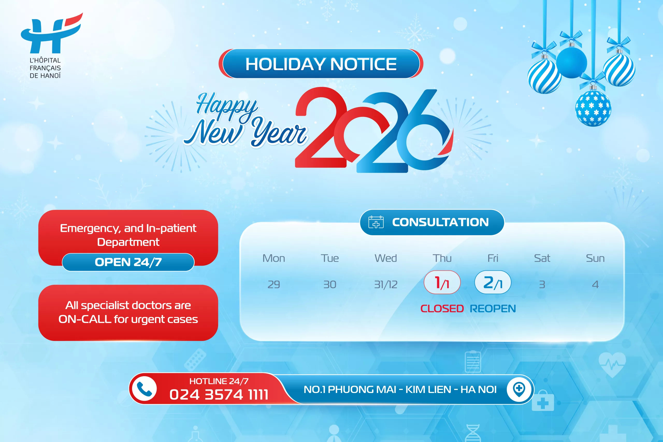 HOLIDAY NOTICE - HAPPY NEW YEAR 2026 - Hanoi French Hospital